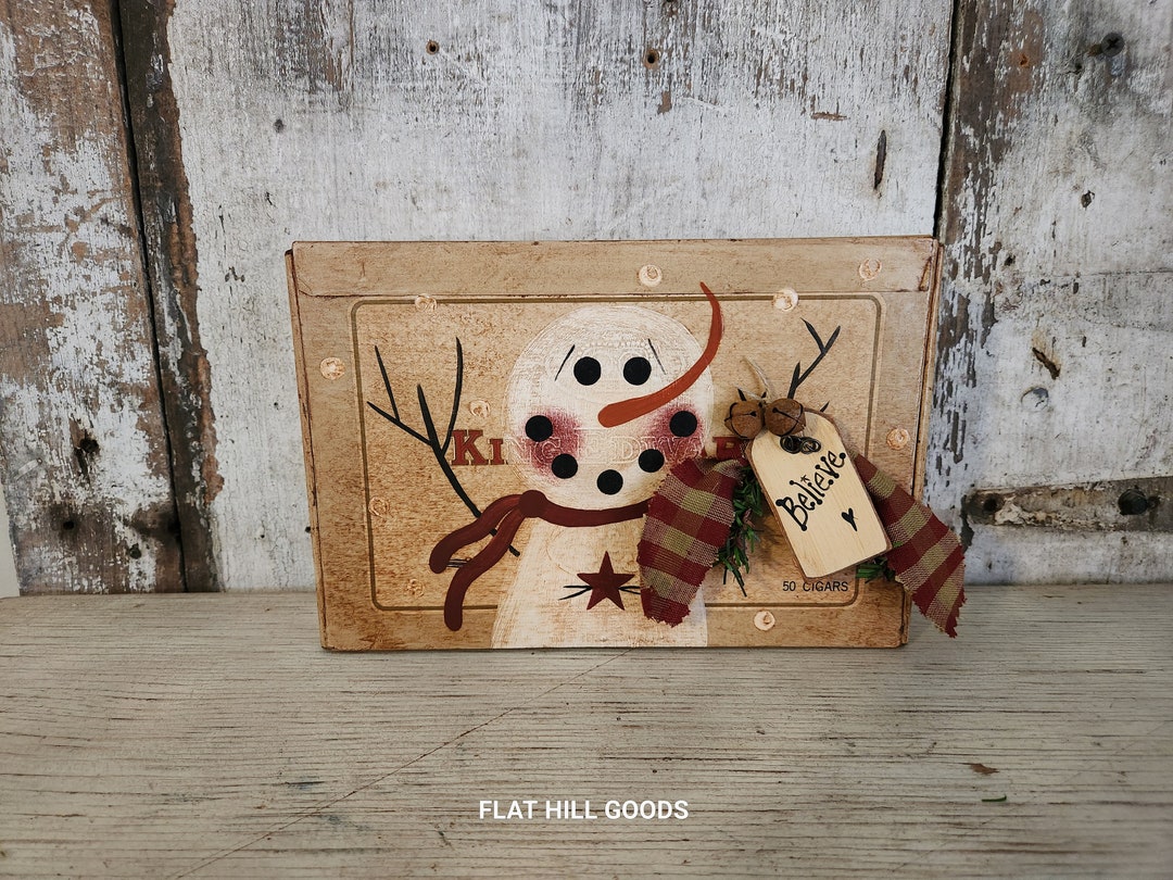 Primitive Painted Snowman Cigar Box Primitive Christmas Decor Rustic ...