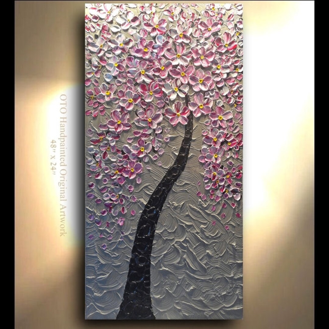 Hand Painted Flower Tree Art: Gray & Pink Blossom Painting by Oto - Etsy