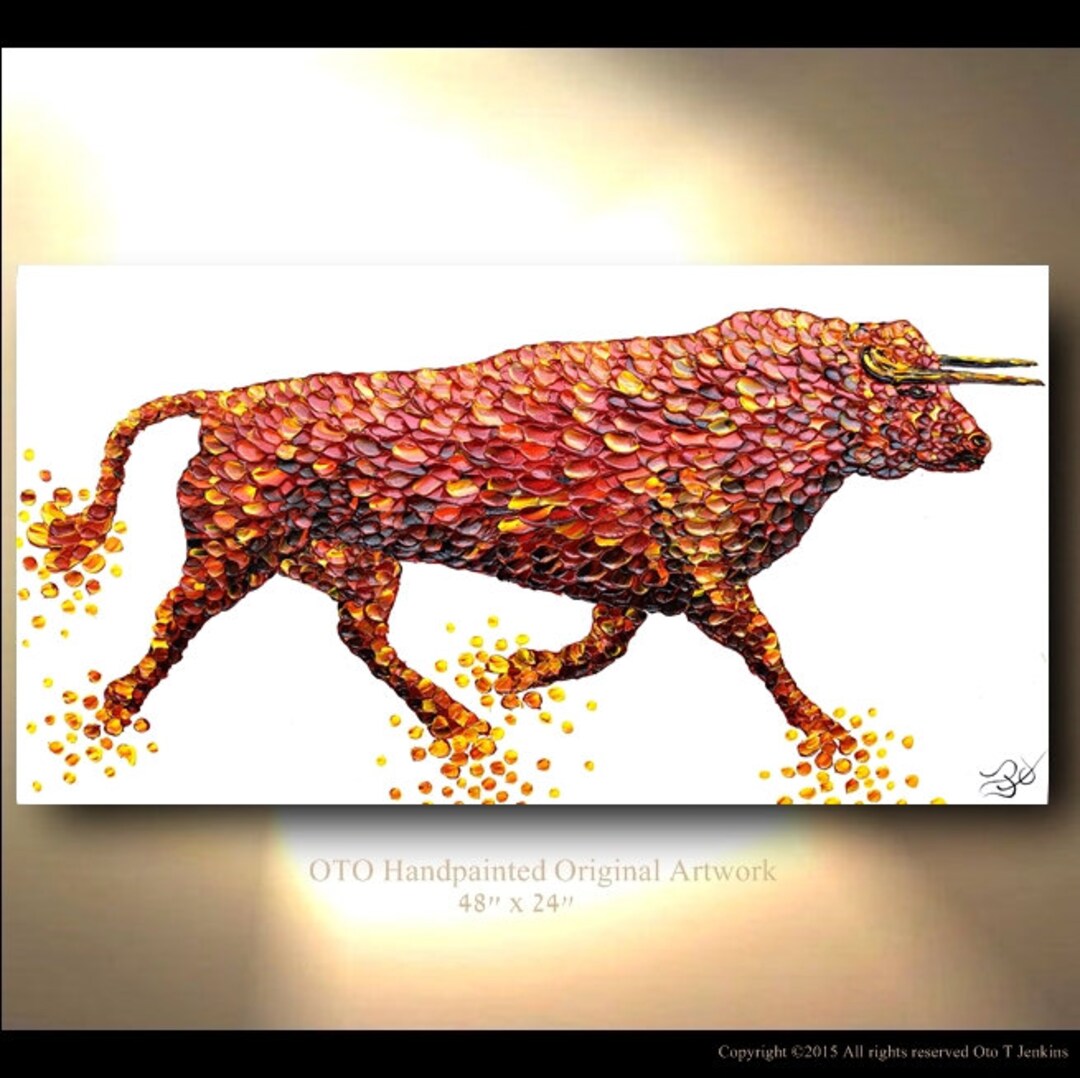 Red Bull Painting Running of the Bulls Abstract Artwork Steer Bright ...