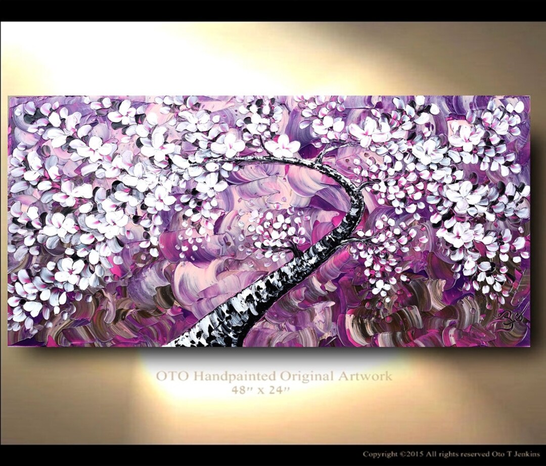 Purple Spring Tree Painting Canvas White Flowers Pink Plum Blossom ...