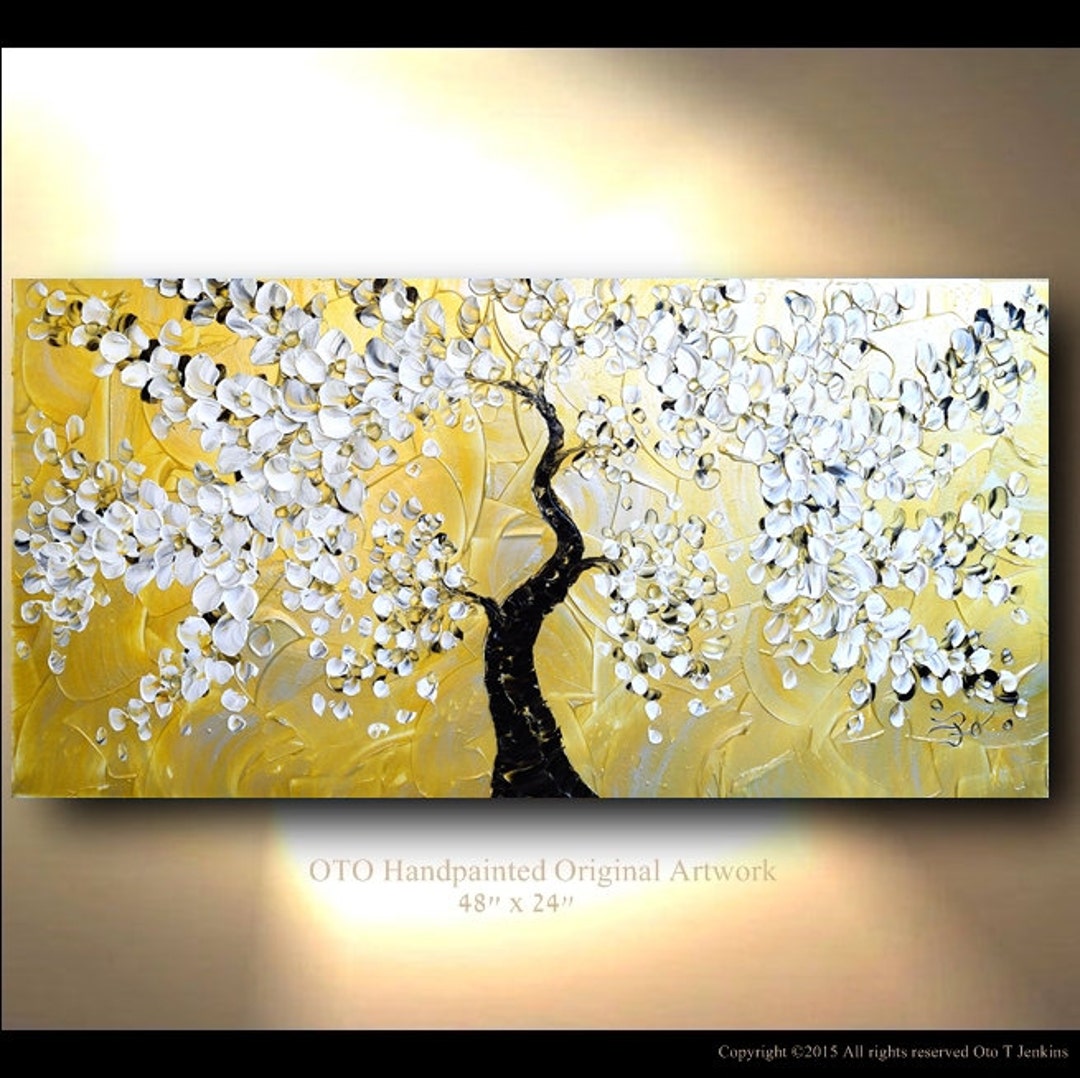 Silver Gold Metallic Art Abstract Painting White Flowering Tree Gift ...