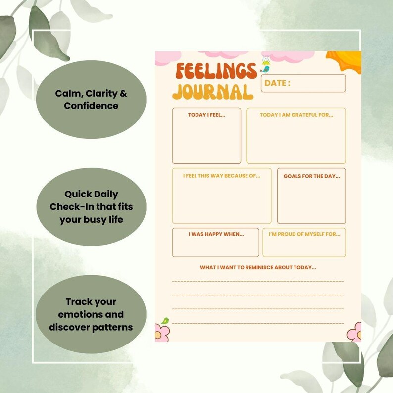 Feelings Journal Template – Printable and Digital | Daily Mood Tracker ...