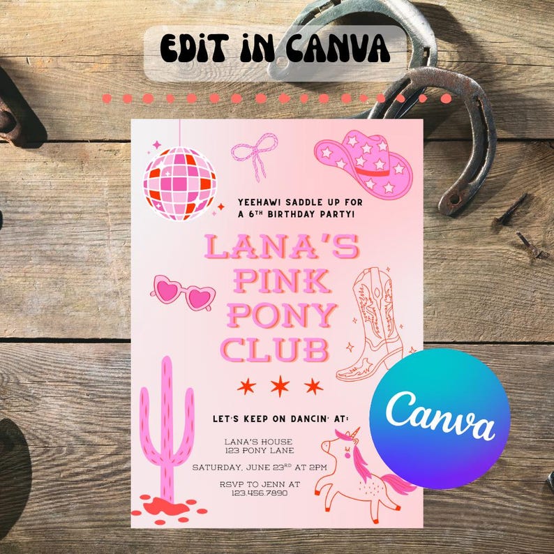 Pink Pony Birthday Invitation: Cowgirl Party, Editable Canva Template ...