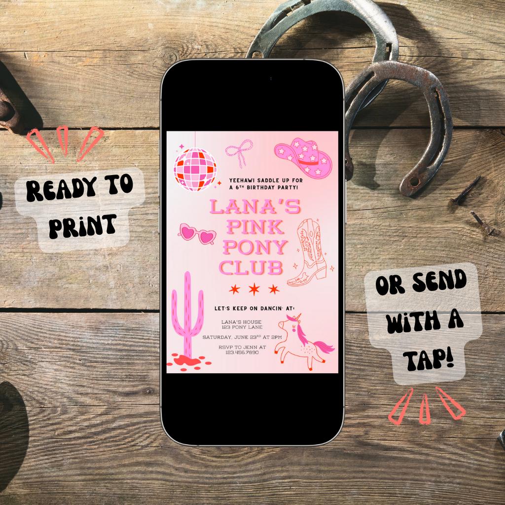 Pink Pony Birthday Invitation: Cowgirl Party, Editable Canva Template ...