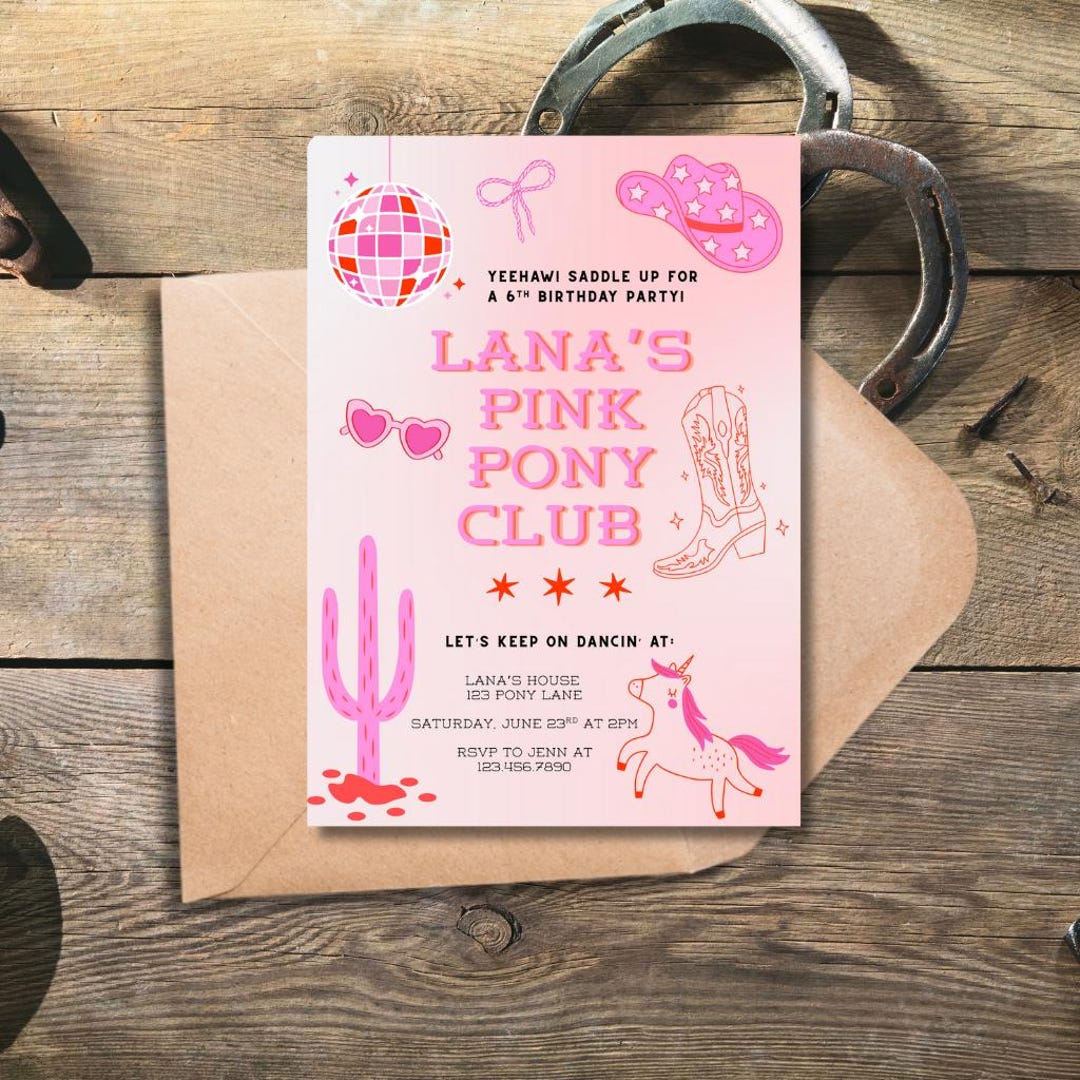 Pink Pony Birthday Invitation: Cowgirl Party, Editable Canva Template ...