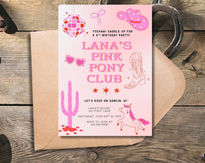 Pink Pony Birthday Invitation: Cowgirl Party, Editable Canva Template ...