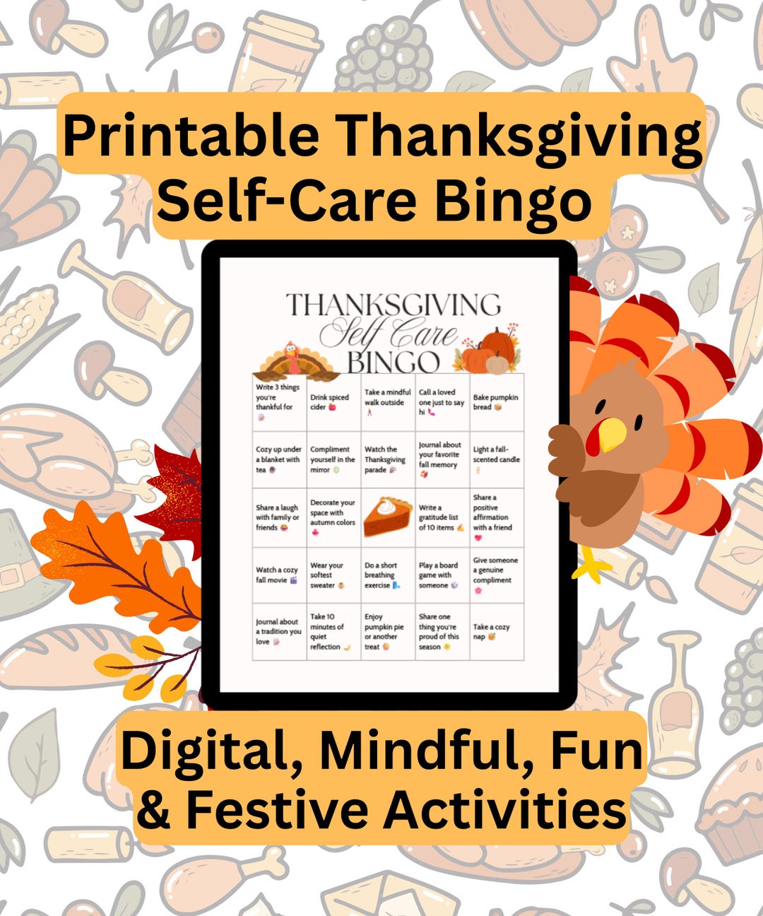 Thanksgiving Self Care Bingo Printable for Stress Relief Mindful ...