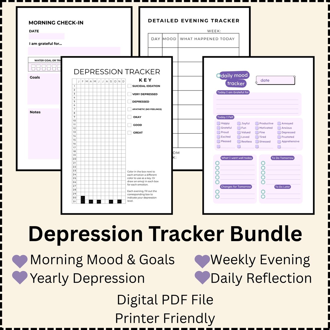 Depression Tracker Printable Bundle, Morning Mood & Goals, Yearly Daily ...