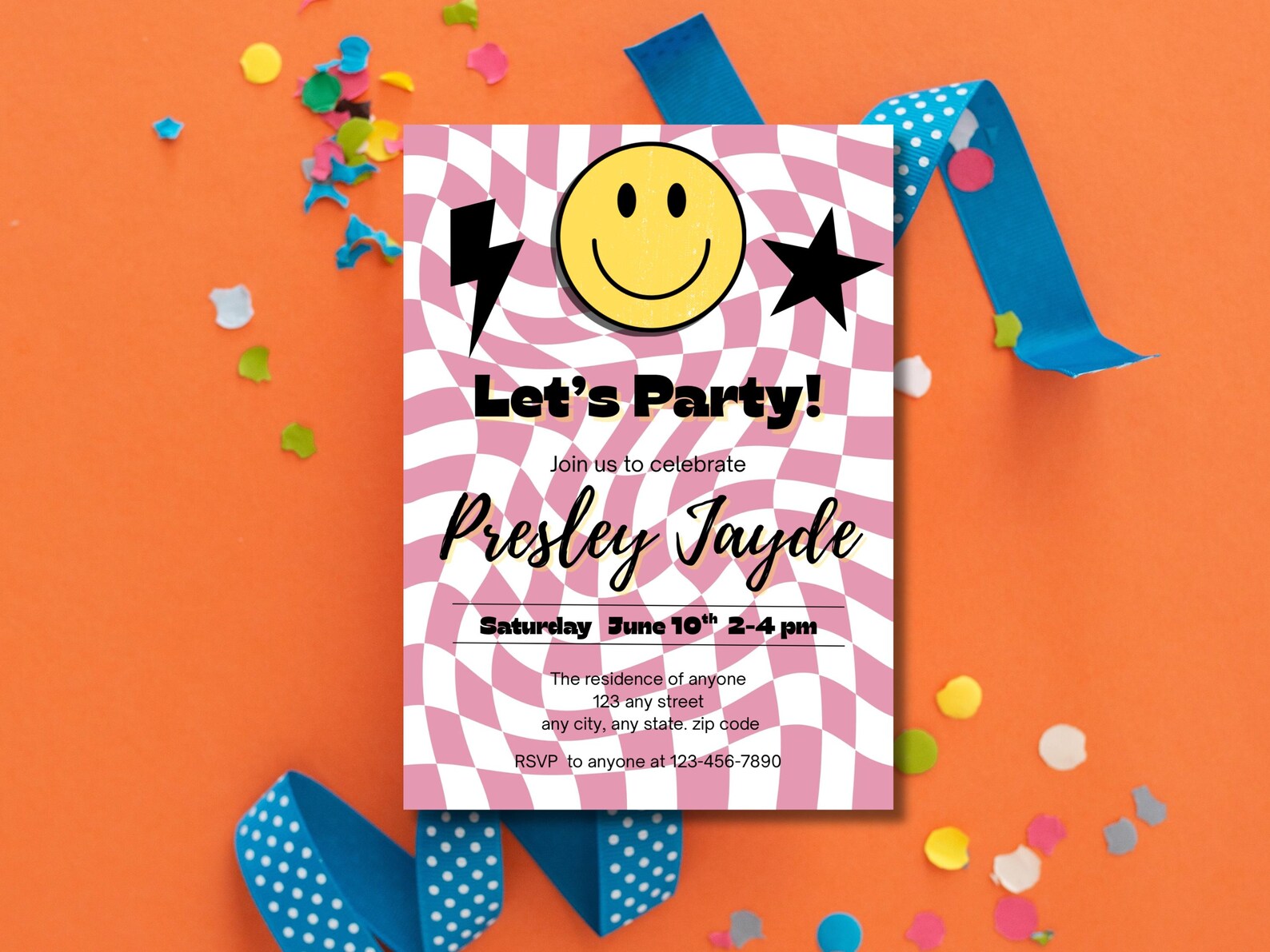 Retro Smiley Face Party Invitation: Editable Pink Canva Template ...
