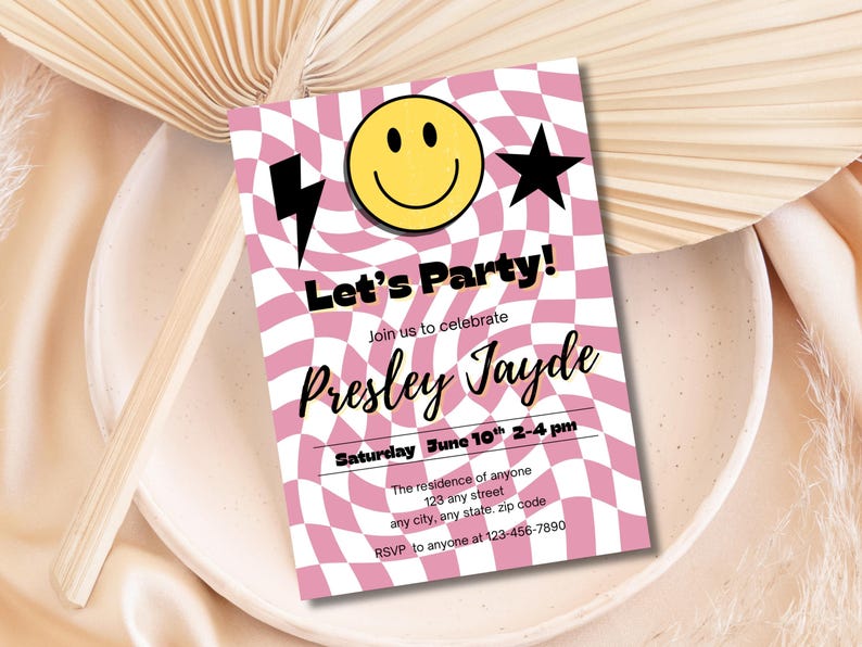 Retro Smiley Face Party Invitation: Editable Pink Canva Template ...