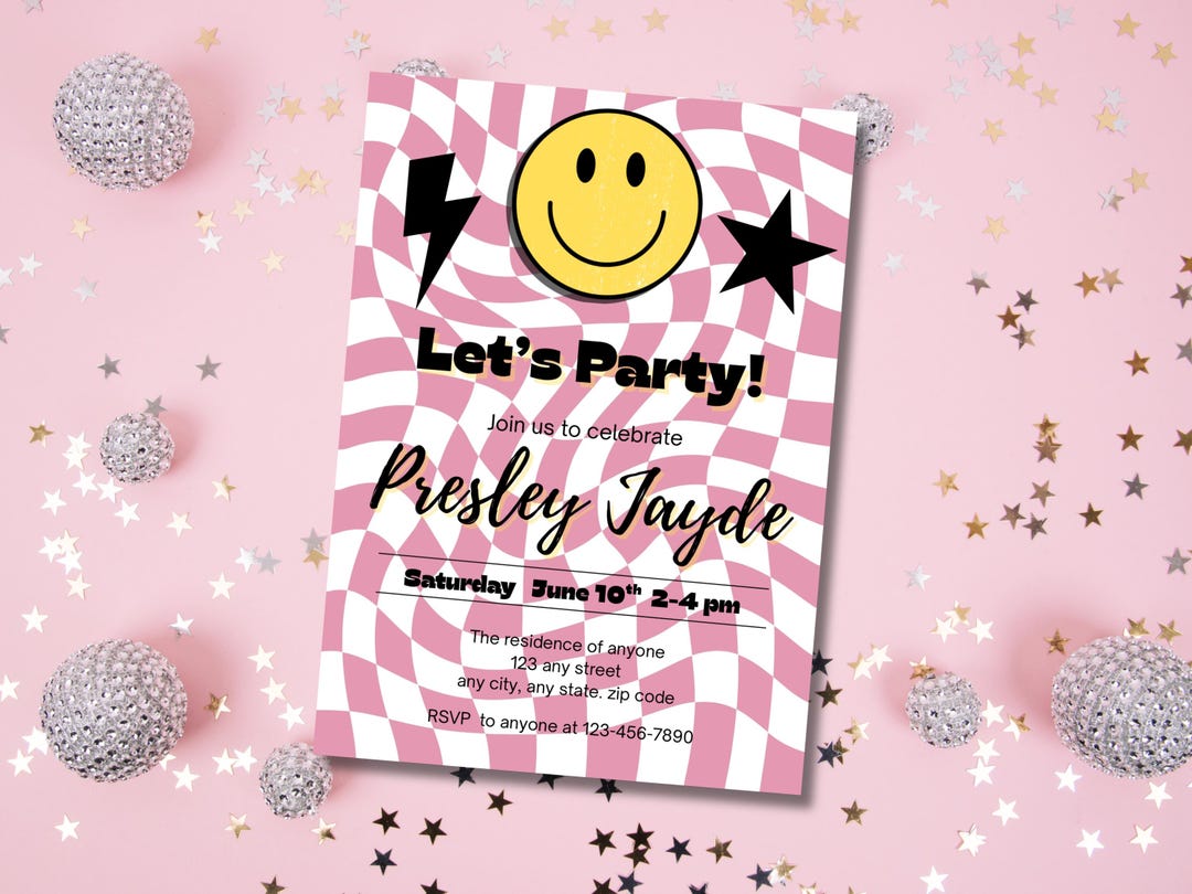 Retro Smiley Face Party Invitation: Editable Pink Canva Template ...