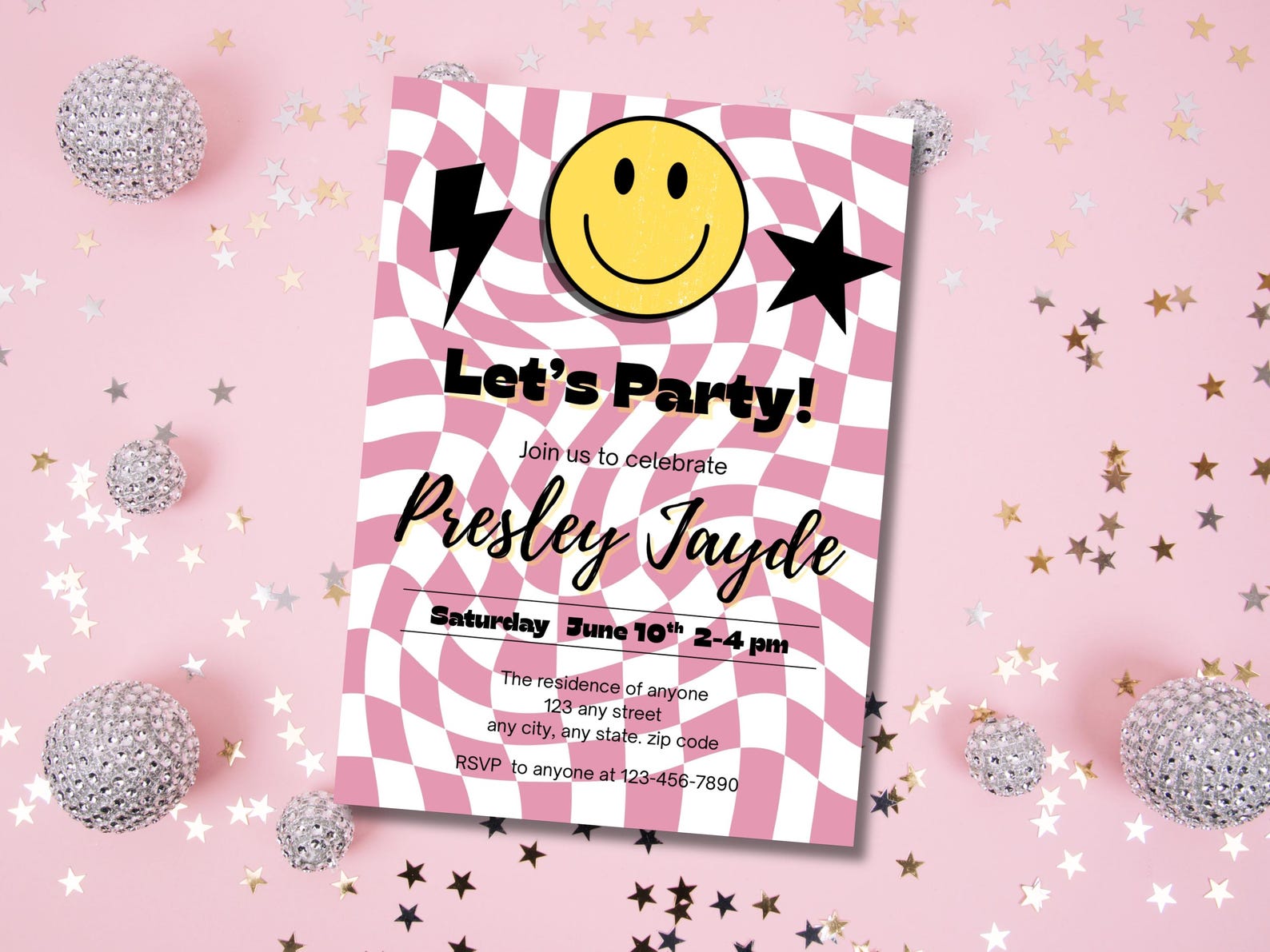 Retro Smiley Face Party Invitation: Editable Pink Canva Template ...