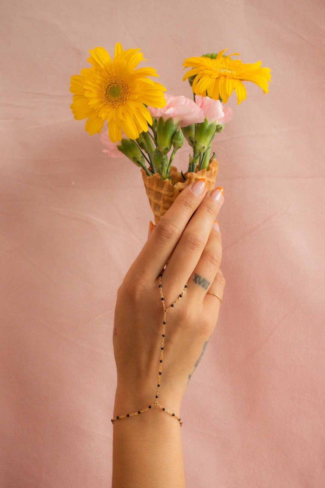 Black Beaded Hand Chain Bracelet Slave Bracelet Gold Filled or Sterling ...