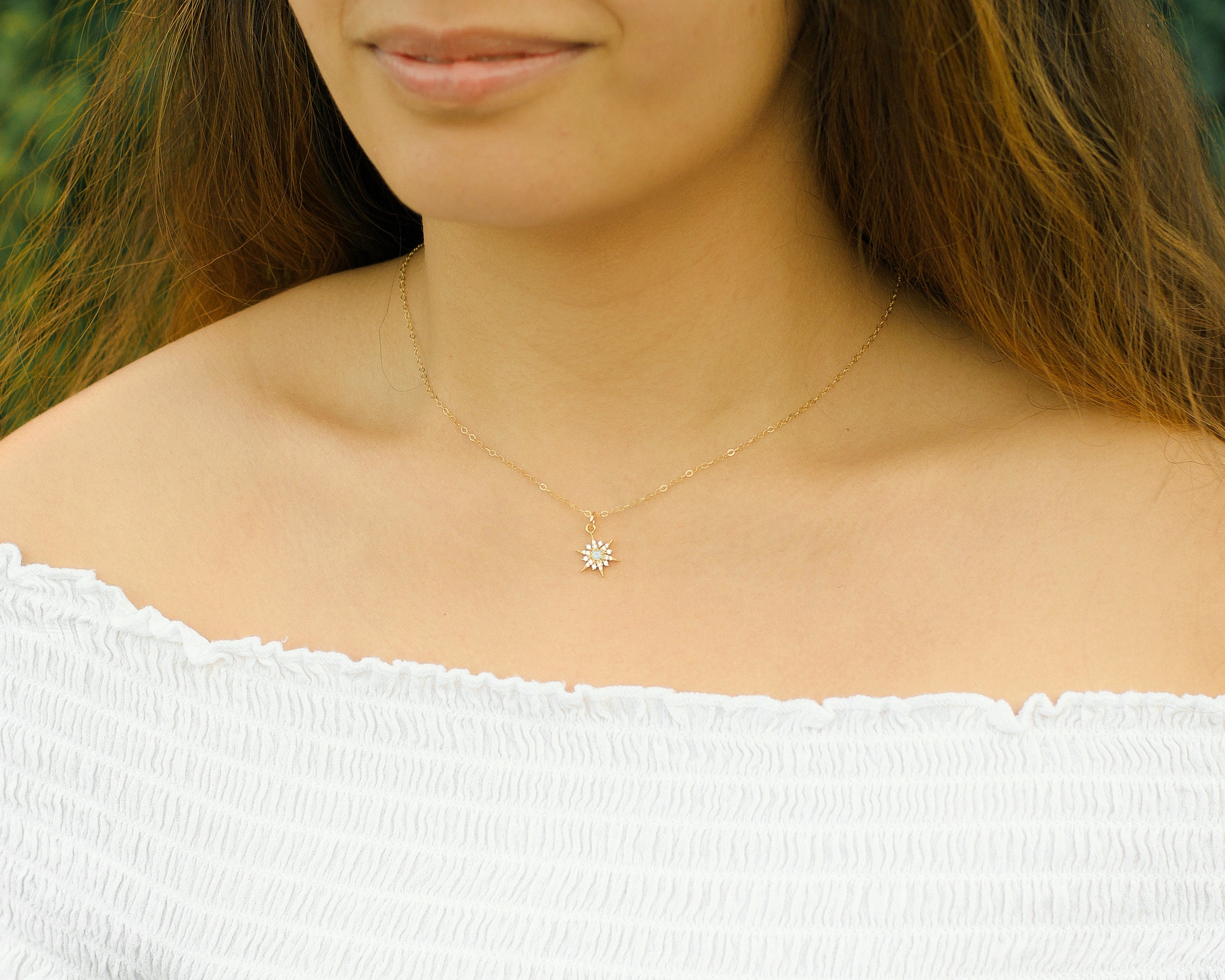 North Star Necklace Opal Star Necklace Dainty Opal | Etsy