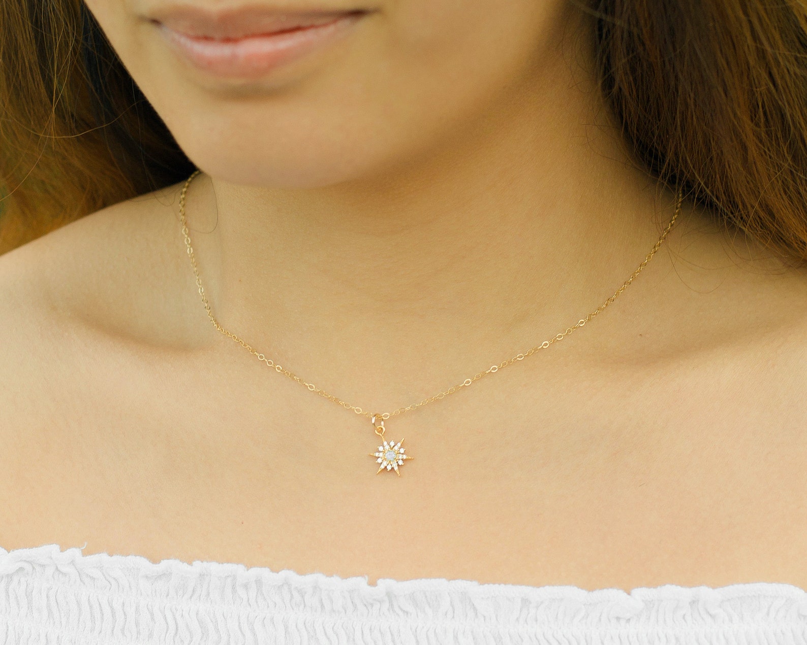 North Star Necklace Opal Star Necklace Dainty Opal | Etsy