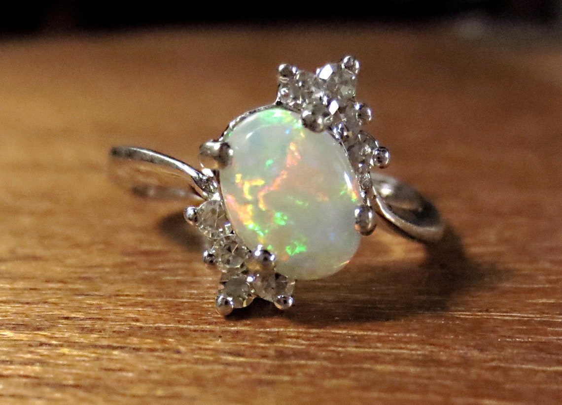 Lady's Australian High Flash OPAL White Gold and (8) Diamonds RING Size ...