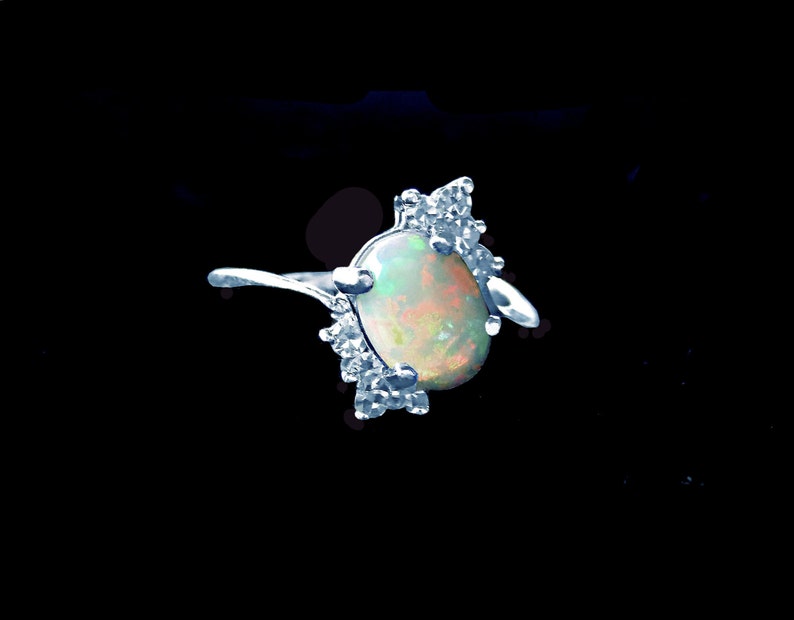 Lady's Australian High Flash OPAL White Gold and (8) Diamonds RING Size ...