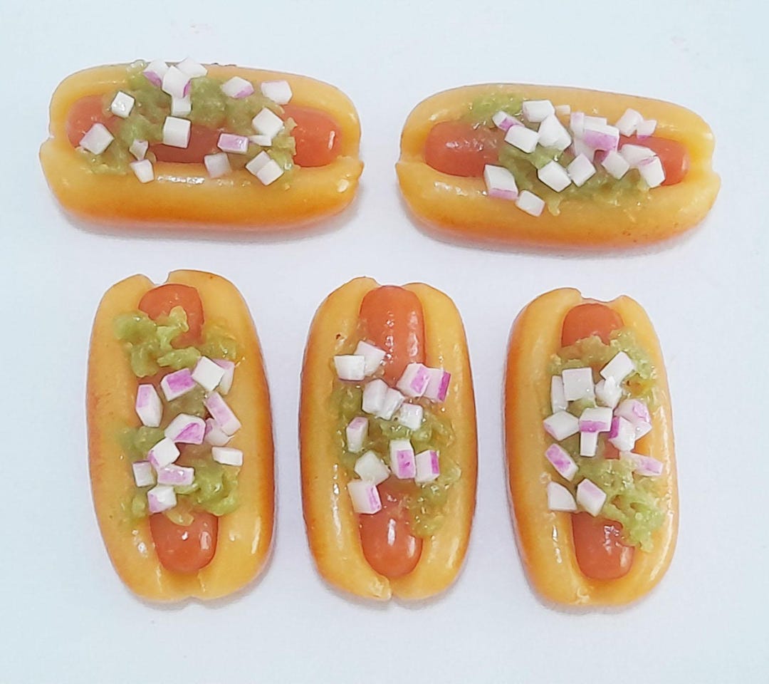 10 Dollhouse Miniature Hot Dogs: Handmade Clay Food, Guacamole & Onion ...