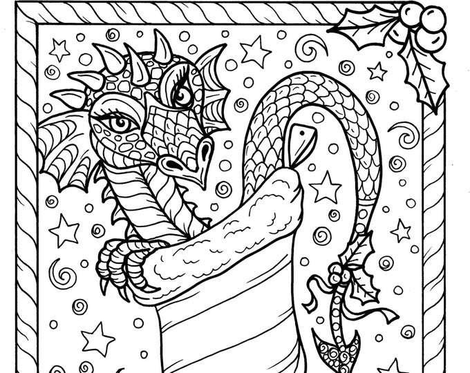 Dragon Christmas Coloring Page Digital JPG File Adult Color Fantasy ...