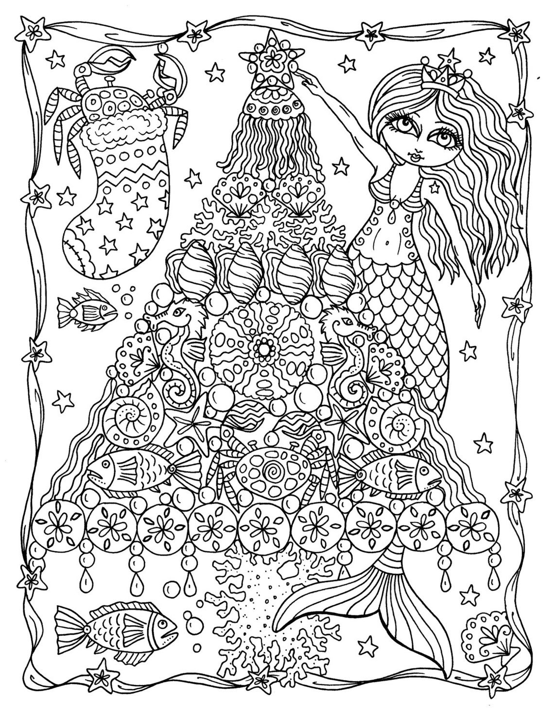 Mermaid Tree Christmas Coloring Page Instant Downloads - Etsy