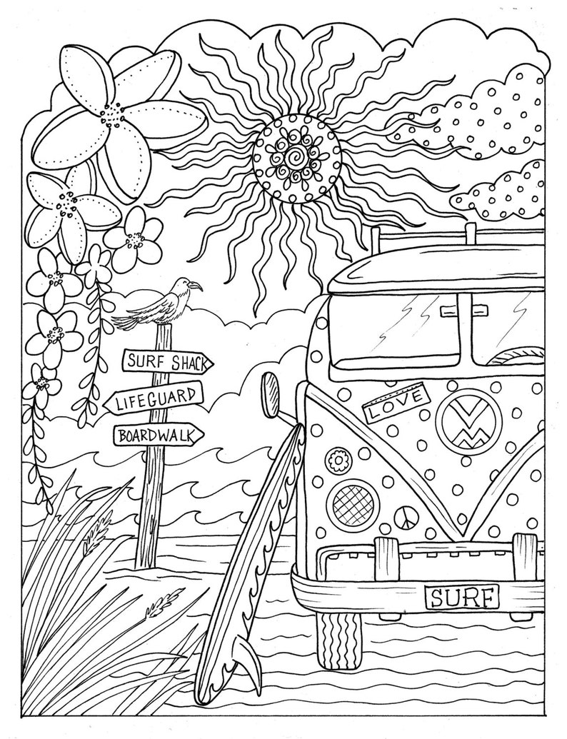 5 Pages Beachy Escape Coloring Digital Color Pages Shells - Etsy