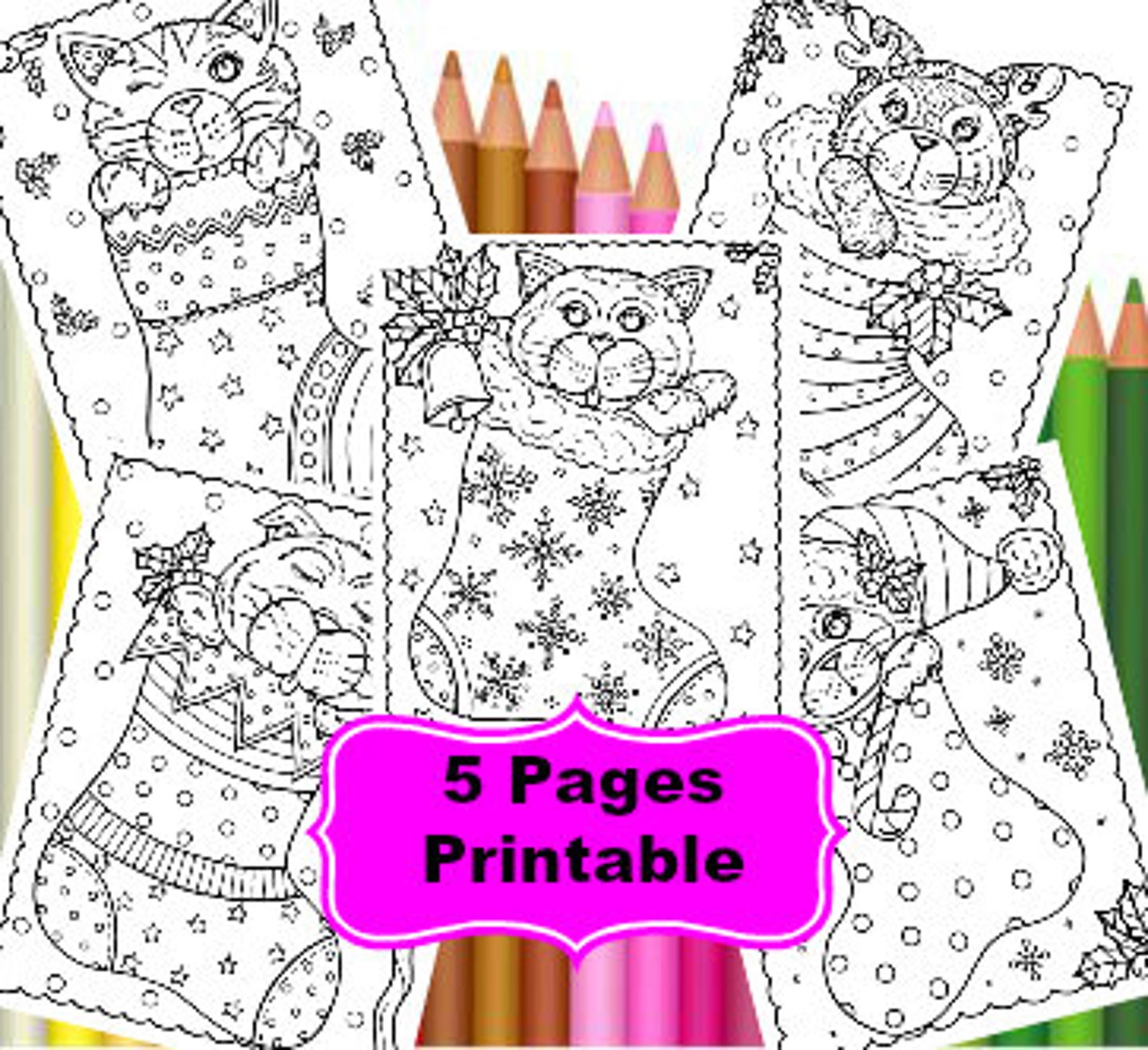 5 Pages of Christmas Kitty Coloring FUN Digital, Printable Pages ...