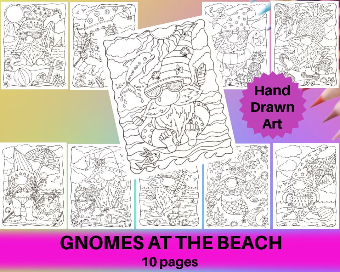 GNOMES at the BEACH Summer Coloring 10 Pages. Fun Gnomes, Playful ...