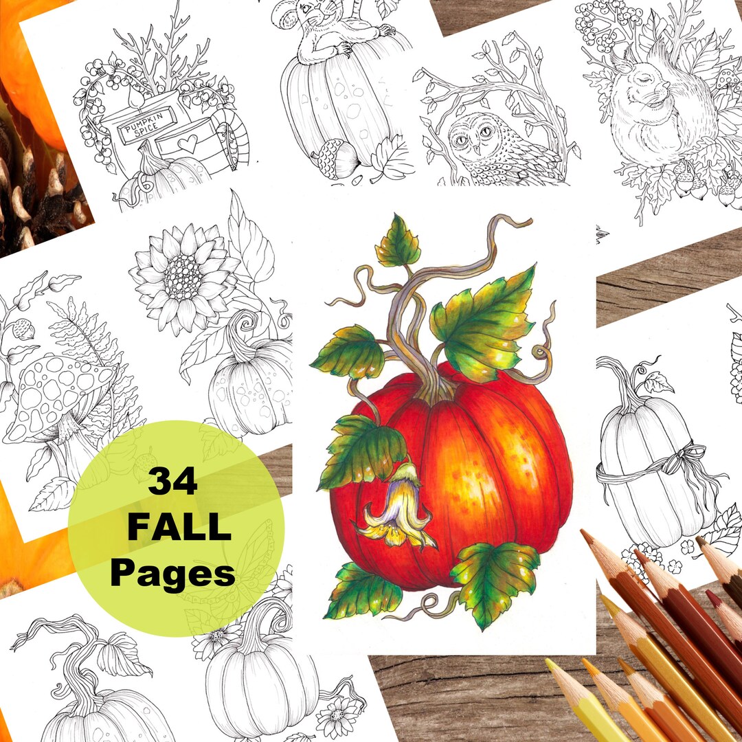 FALL Fabulous Fall. 34 Half Size Pages to Color. Coloring Set. Coloring ...