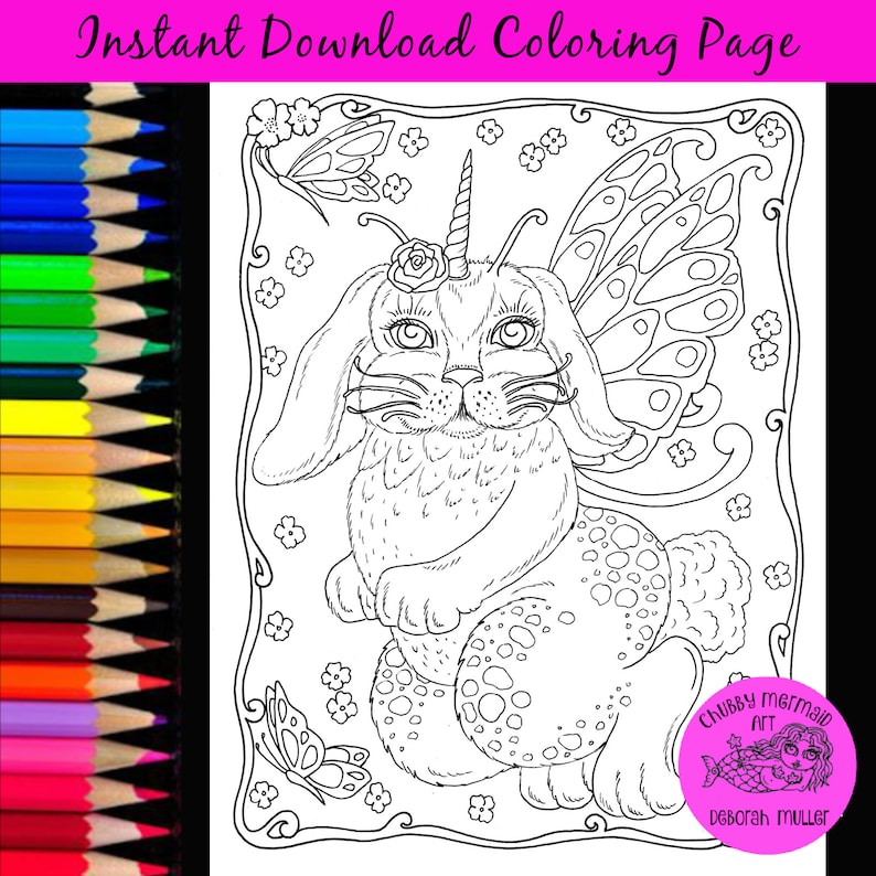 Uni-bunny Fairy Instant Download Coloring Page. Spring Fantasy Coloring ...