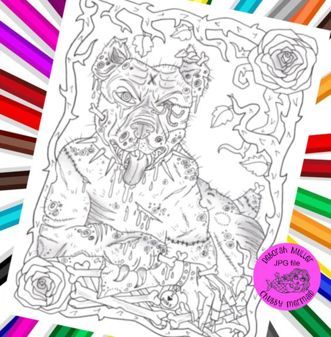 Zombie Dog Pit Bull Digital Download Coloring Page. Halloween Fun ...
