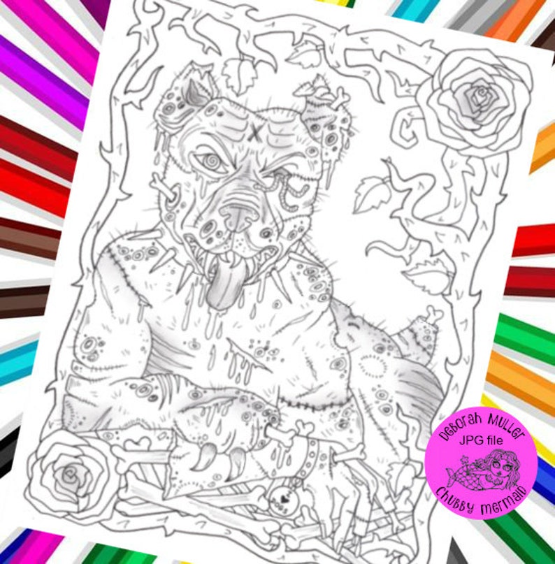 Zombie Dog Pit Bull Digital Download Coloring Page. Halloween - Etsy