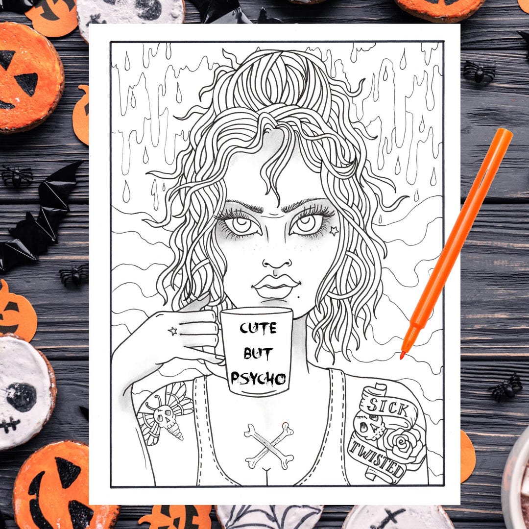 Psycho Halloween Girl. Printable Coloring Page. Digital Coloring Page ...