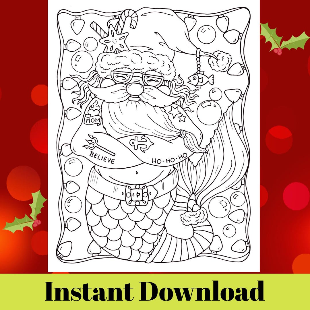 Santa Mer-man Christmas Coloring Page. Christmas Coloring Fun. Holiday ...