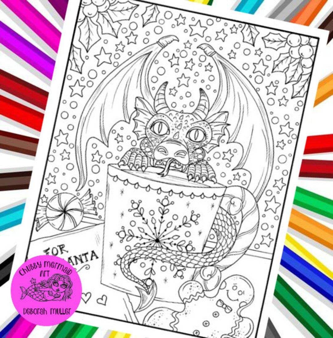 Waiting for Santa Baby Dragon Coloring Page, Christmas, Dragon, Pdf ...