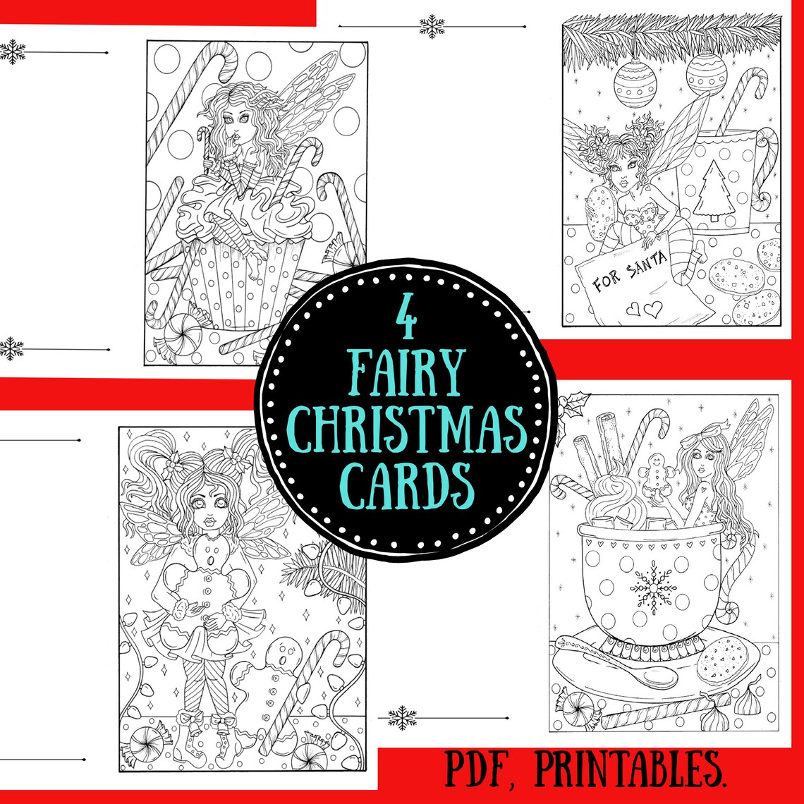 4 Fairy Christmas Cards to Color. Print Color and Give Away - Etsy