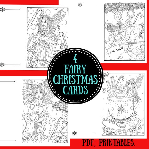 4 Fairy Christmas cards to color. Print color and give away | Etsy