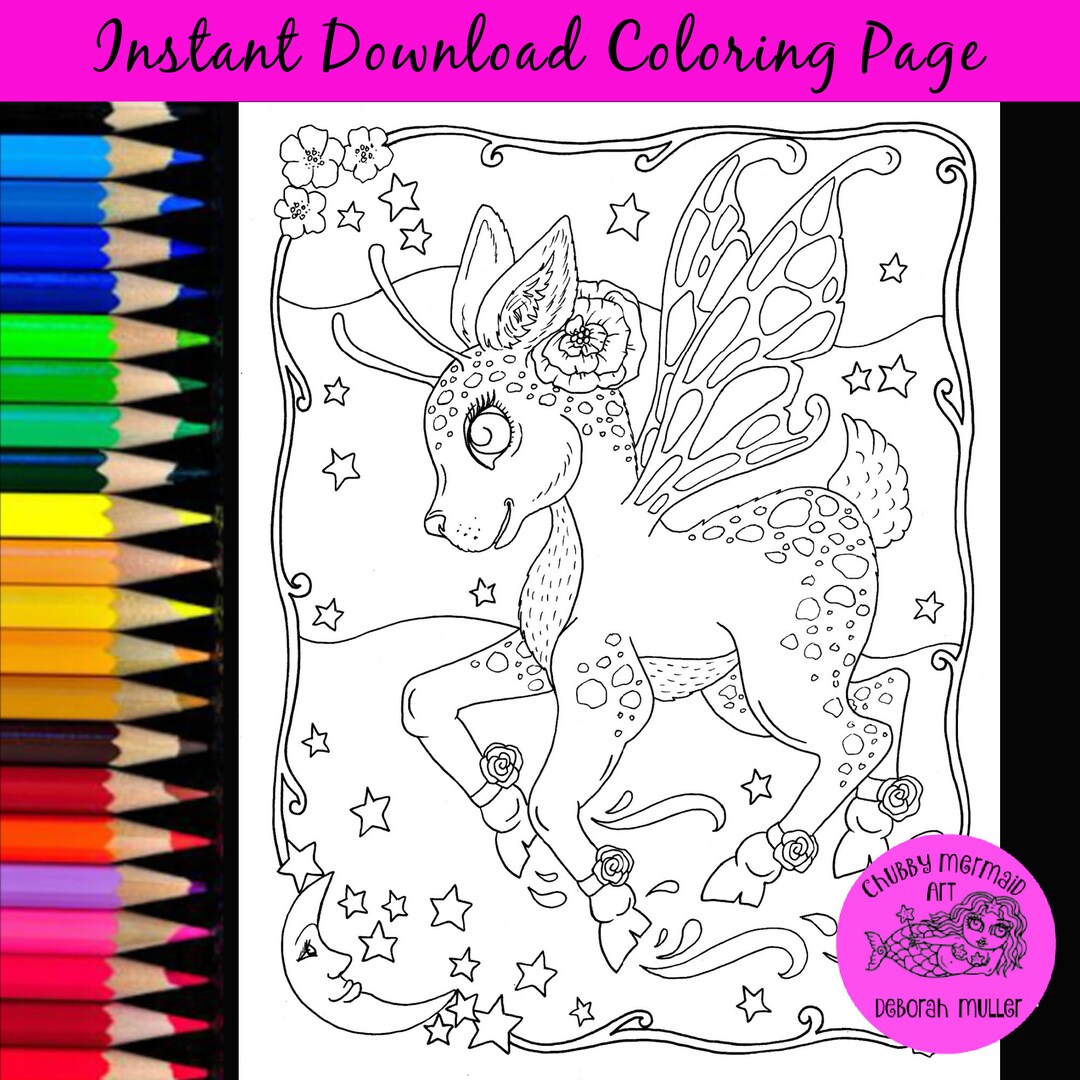 Baby Deer Fairy Coloring Page, Instant Coloring Download. Fairy Animals ...