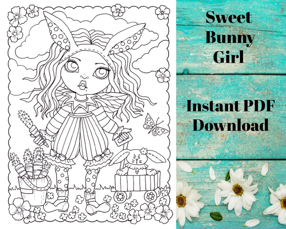Sweet Bunny Girl Coloring Page. Instant Download. Digital Art, Easter ...