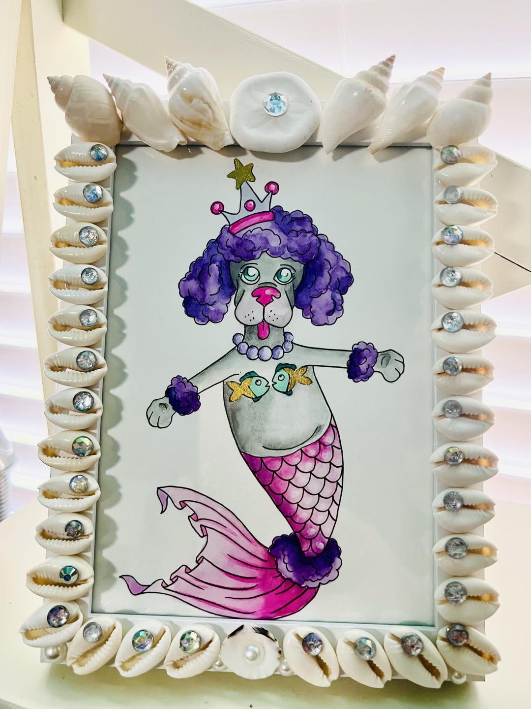 Original ART Watercolor, Mer-dog Poodle Framed Shell Art. 5 X7 Picture ...