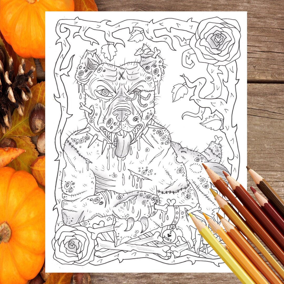 Zombie Dog Pit Bull Digital Download Coloring Page. Halloween Fun ...