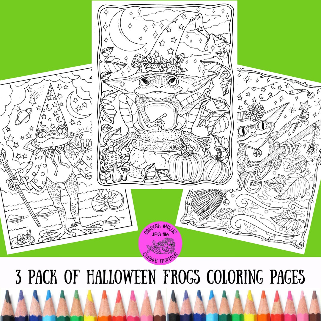 Halloween Frogs Digital Download. 3 Pages to Color and Enjoy. A Wizard ...