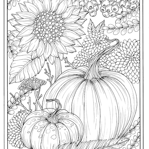 Fall Flowers and Pumpkins Digital Coloring Page Thanksgiving - Etsy