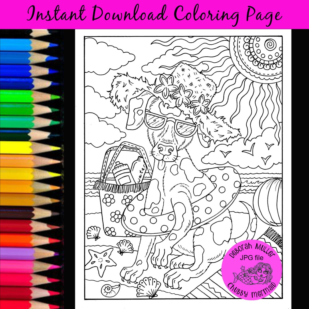 Hot Dog at the Beach. Digital Coloring Page of a Whimsical Dog Enjoying ...