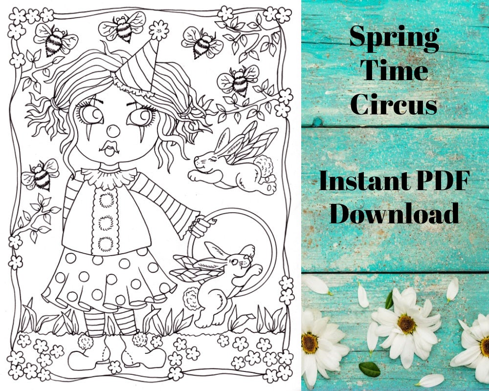 Spring Circus Magic, Flying Bunnies and Cute Circus Girl Coloring Page ...