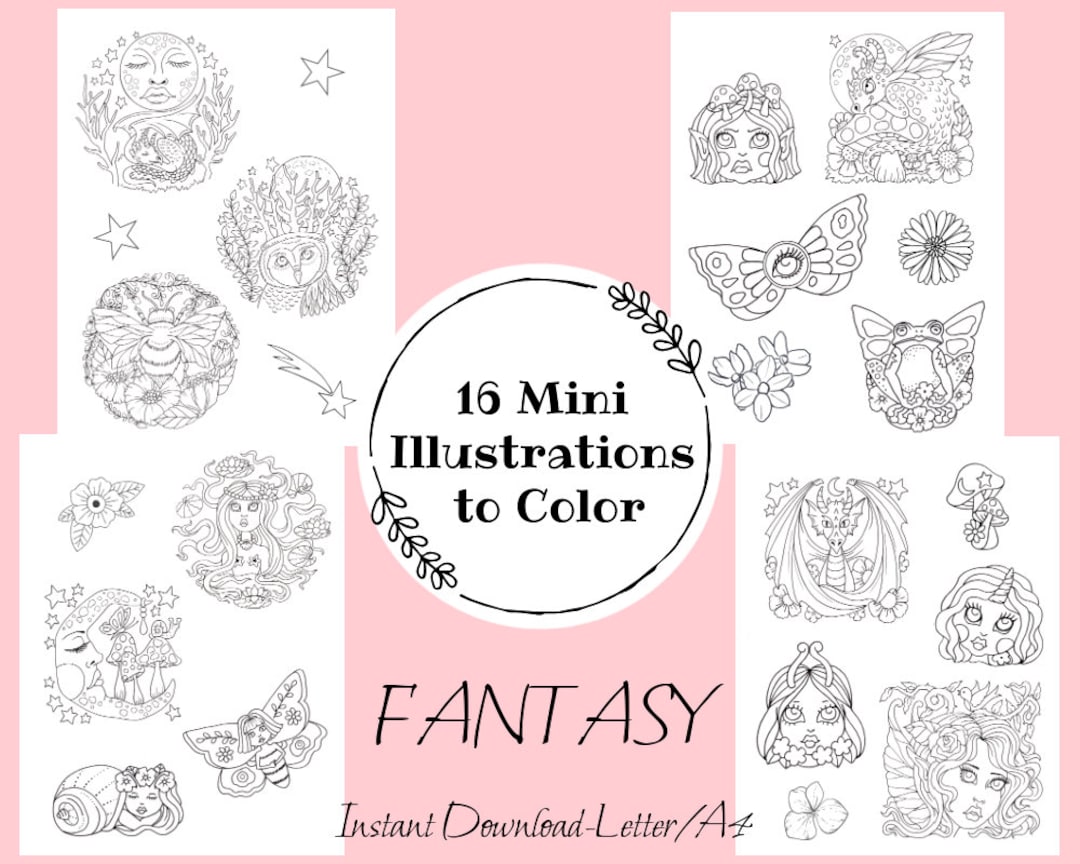 FANTASY Mini Illustrations to Color. 16 Tiny Images, 4 Pages, Coloring ...