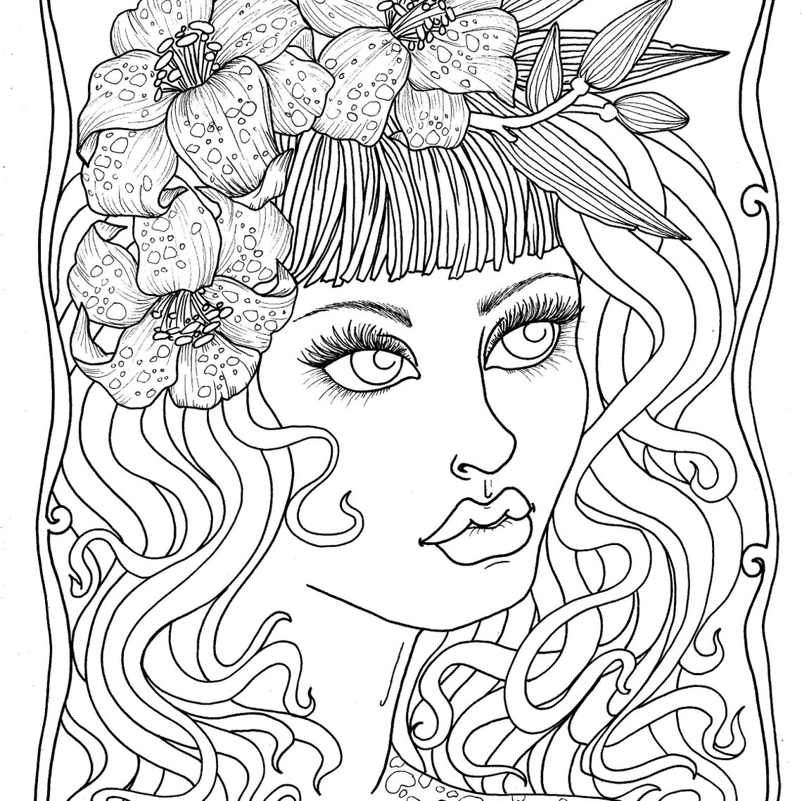 5 Pages of Spring Flower Girls to Color. Hydrangea, Daisy, Cherry ...
