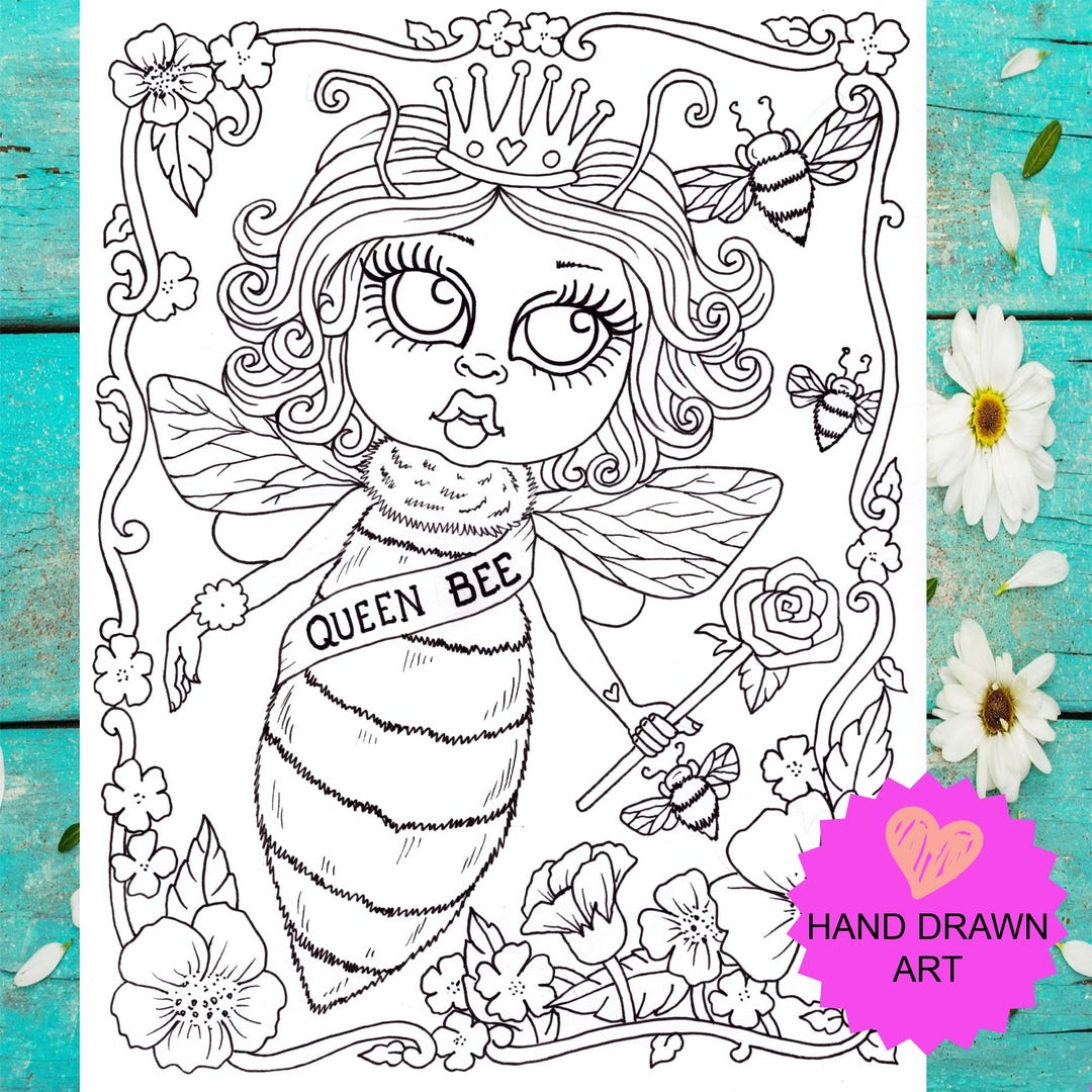 Queen Bee Coloring Page. Instant Download. Hand Drawn Art. - Etsy