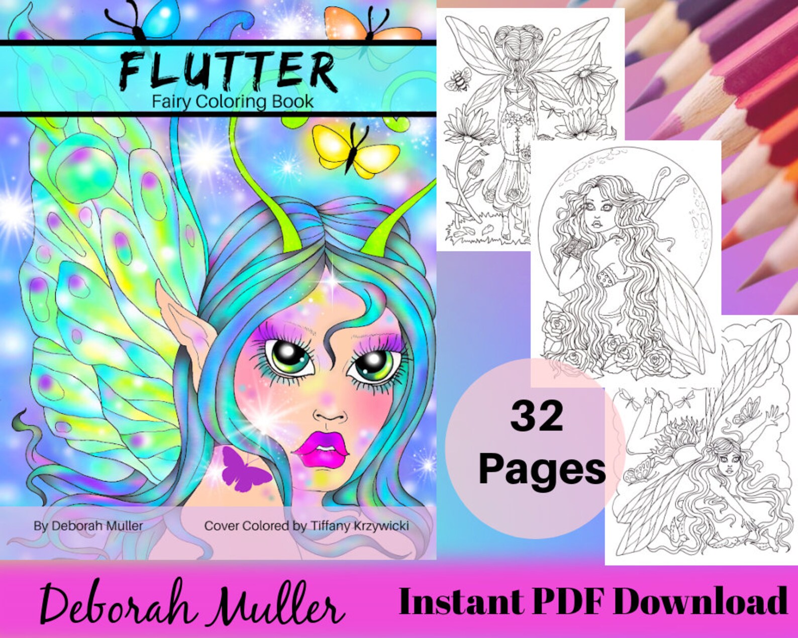 FLUTTER Instant Download PDF Coloring Book of Whimsical Fairies and ...