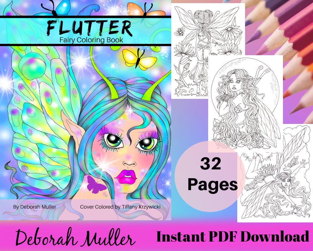 FLUTTER Instant Download PDF Coloring Book of Whimsical Fairies and ...