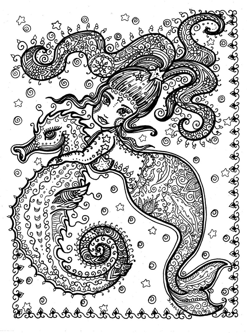Printable Coloring Page Sea Horse and Mermaid You Download and - Etsy